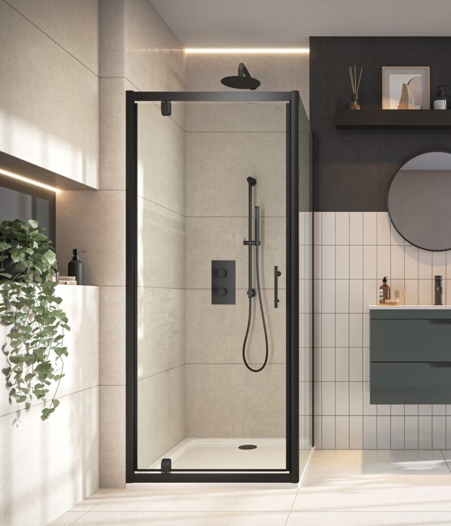 Elijah Aqua Matt Black 900mm Shower Pivot Door | KLB Bathrooms